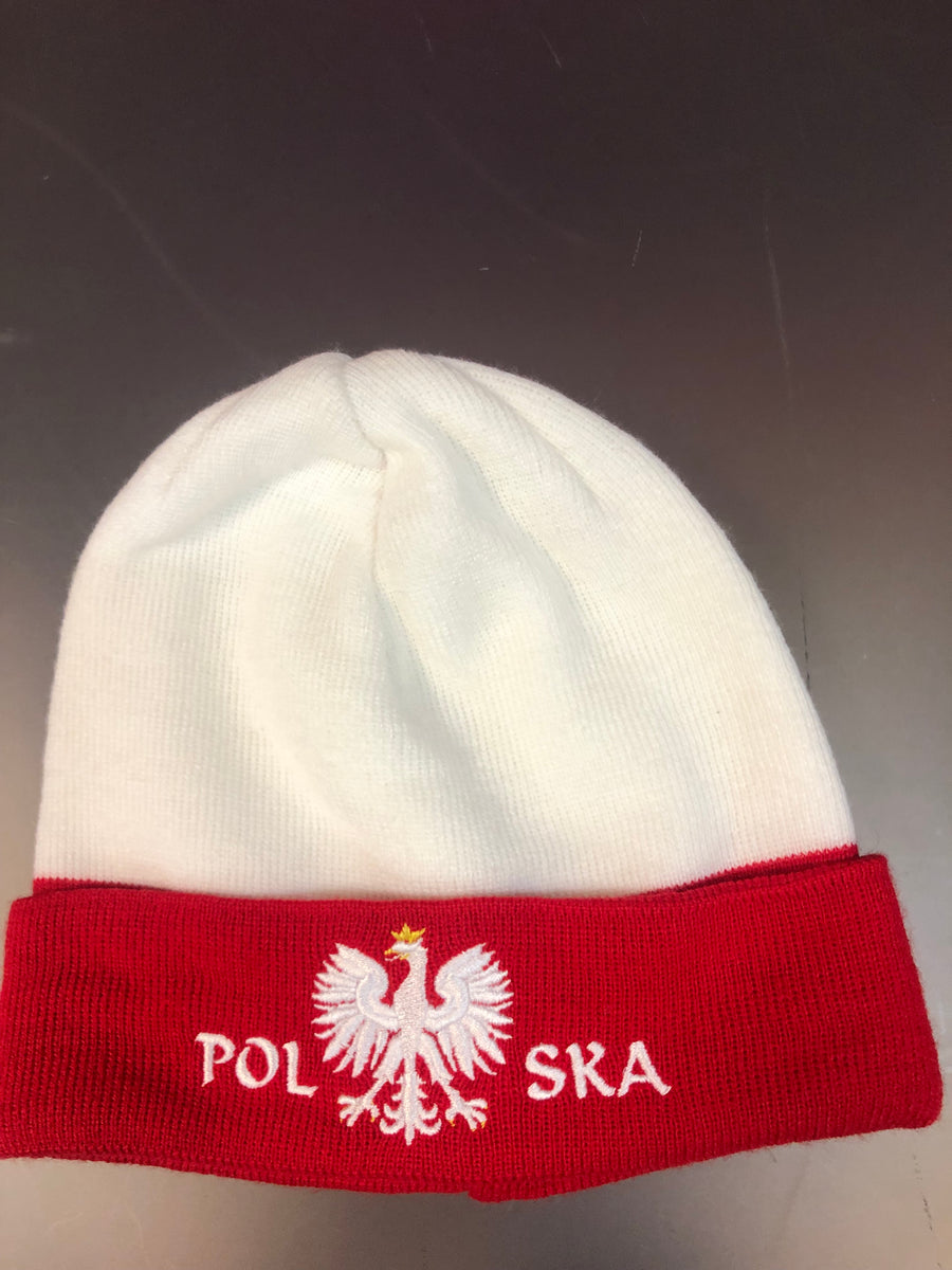 Polish Polska 2 Knit Winter Hat -White -Red With Eagle- Made in Poland